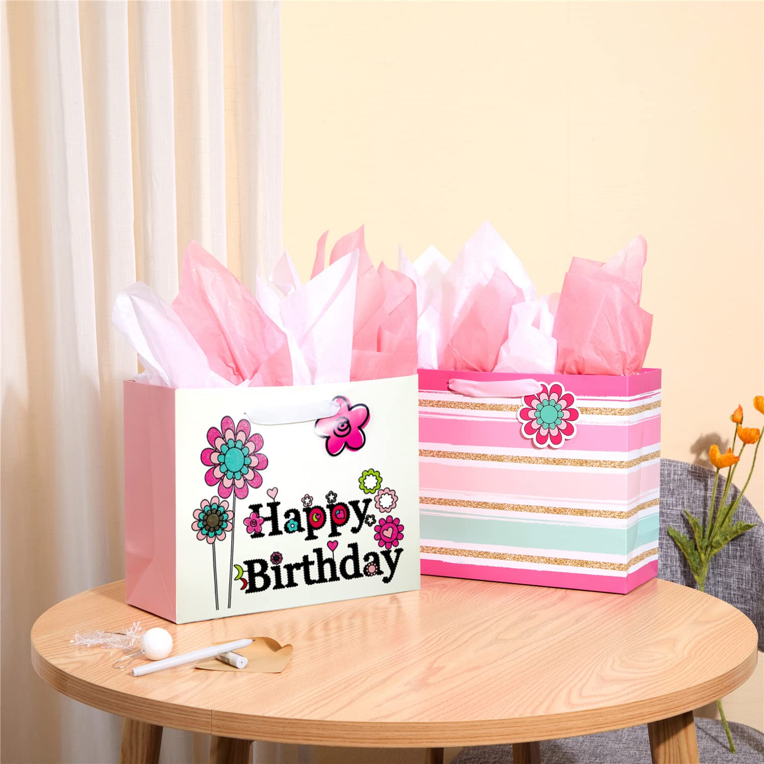 SUNCOLOR 13" Large Gift Bags for Birthday Party with Tissue Paper(2 Pack, Flower with Happy Birthday)