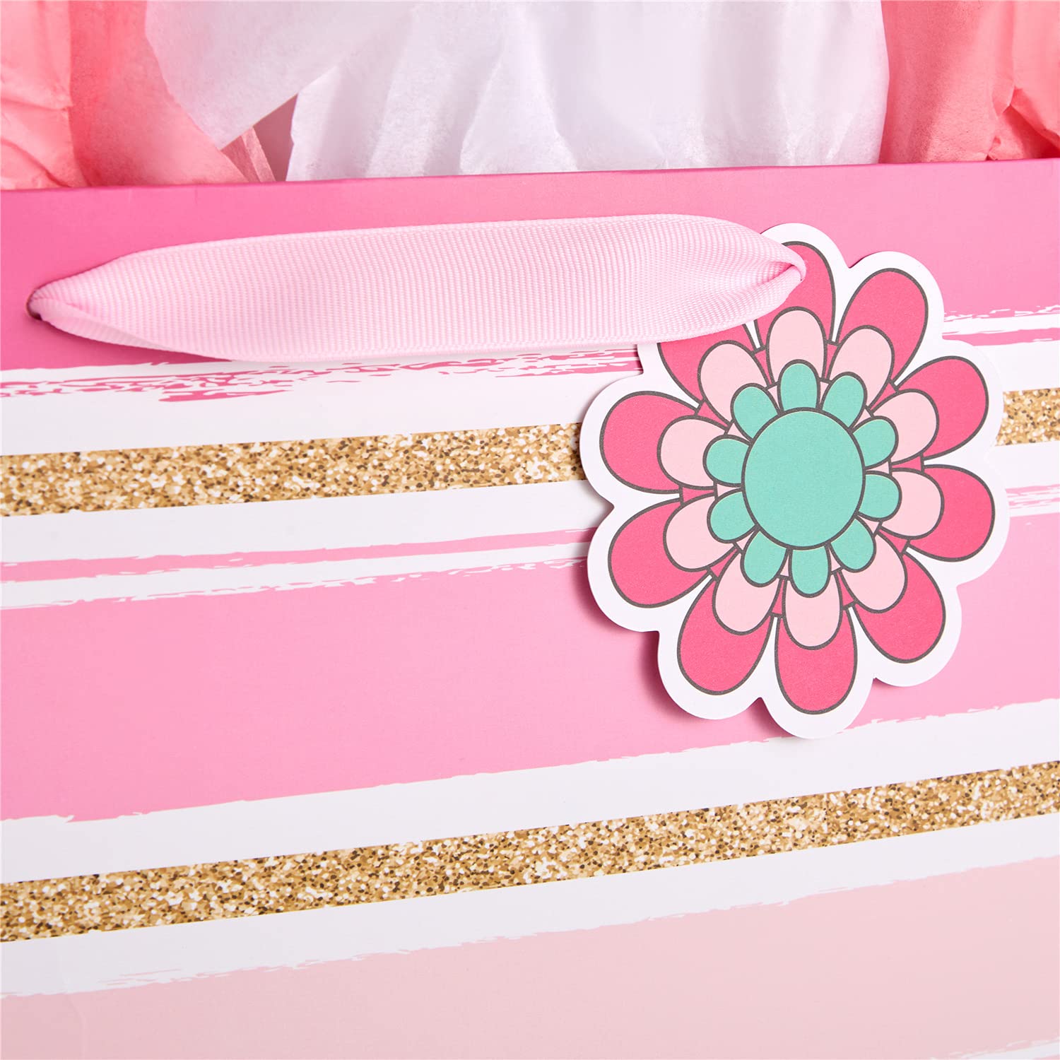 SUNCOLOR 13" Large Gift Bags for Birthday Party with Tissue Paper(2 Pack, Flower with Happy Birthday)