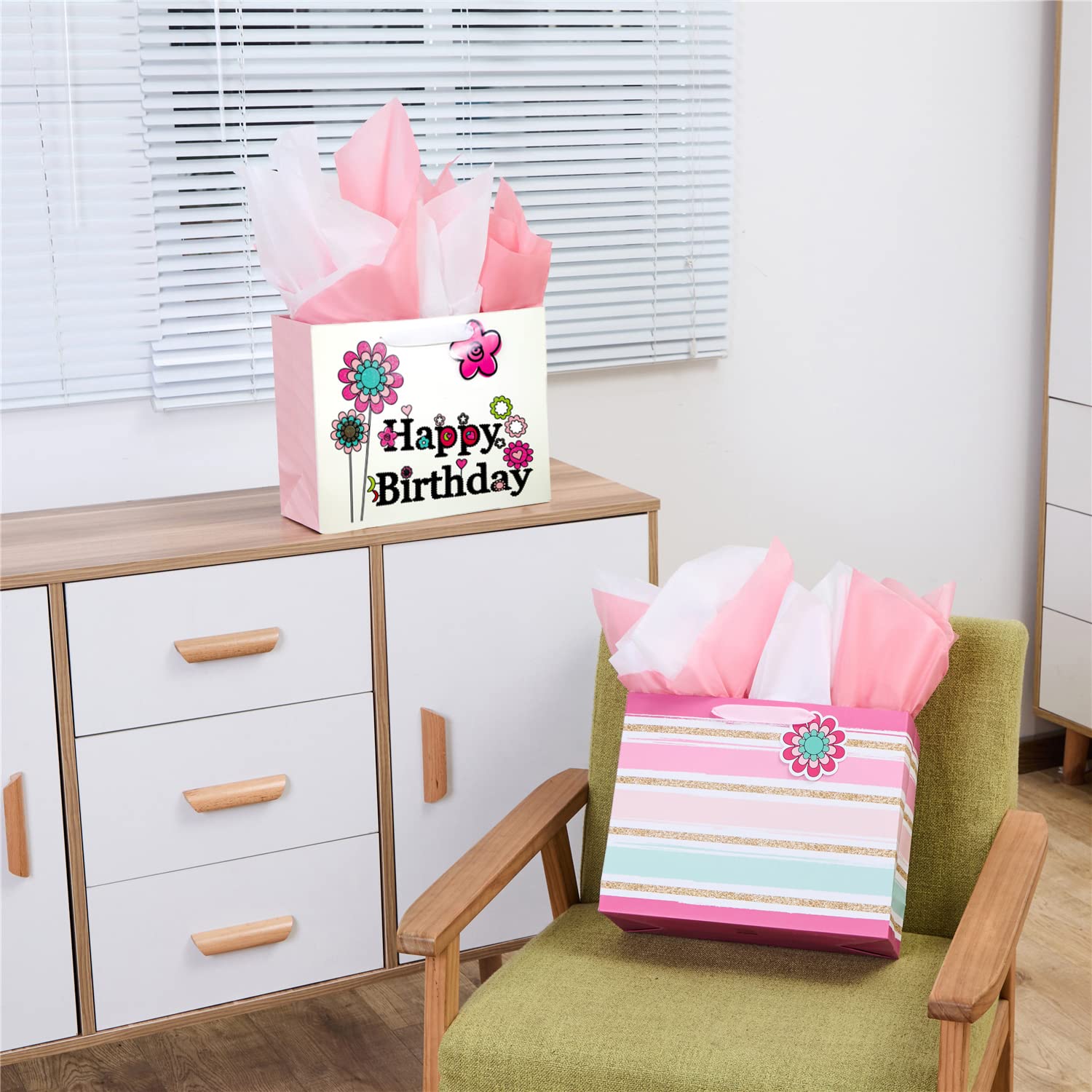 SUNCOLOR 13" Large Gift Bags for Birthday Party with Tissue Paper(2 Pack, Flower with Happy Birthday)