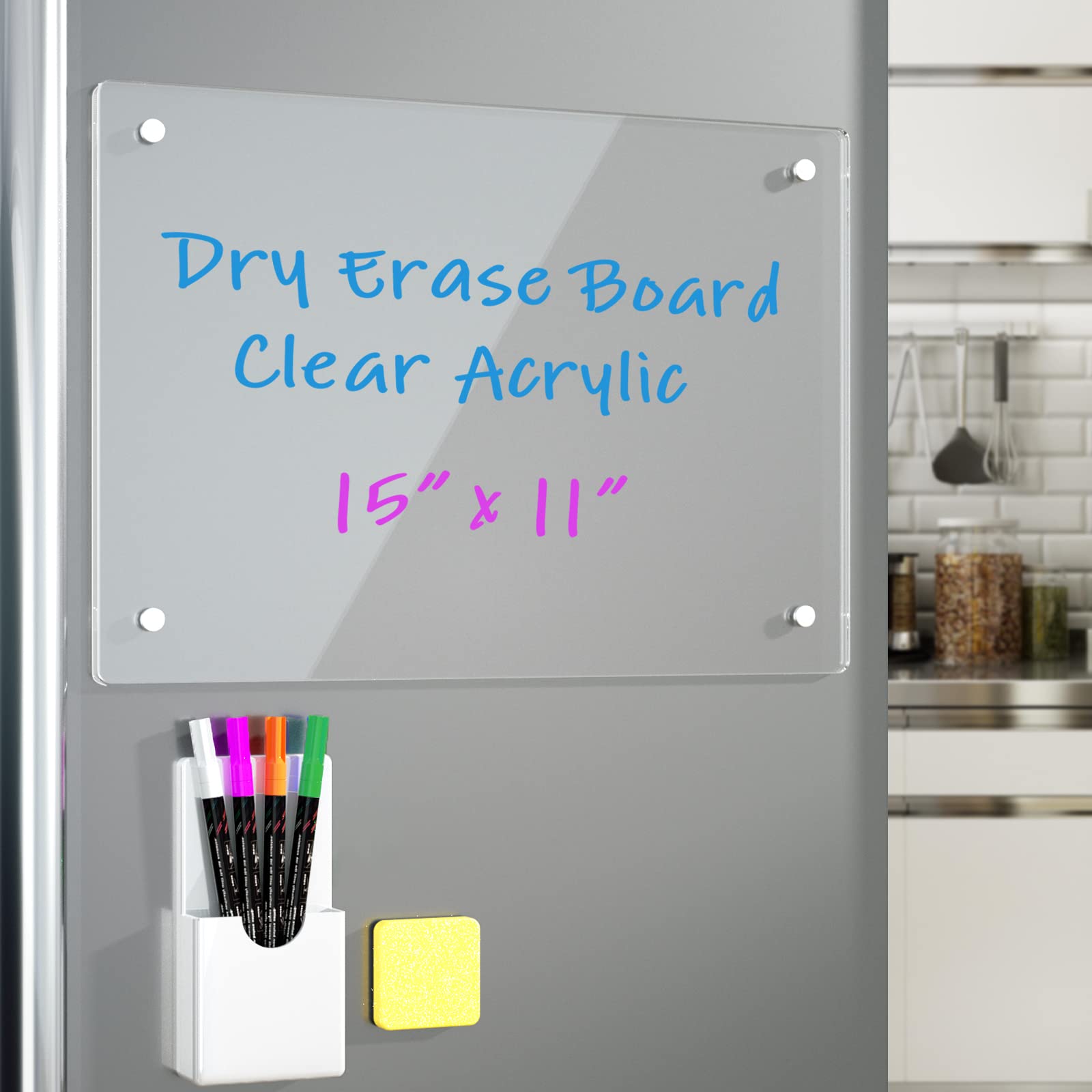 Acrylic Note Board Refrigerator Dry Erase Board Magnetic Clear 15”x11" Includes 4 Dry Erase Markers