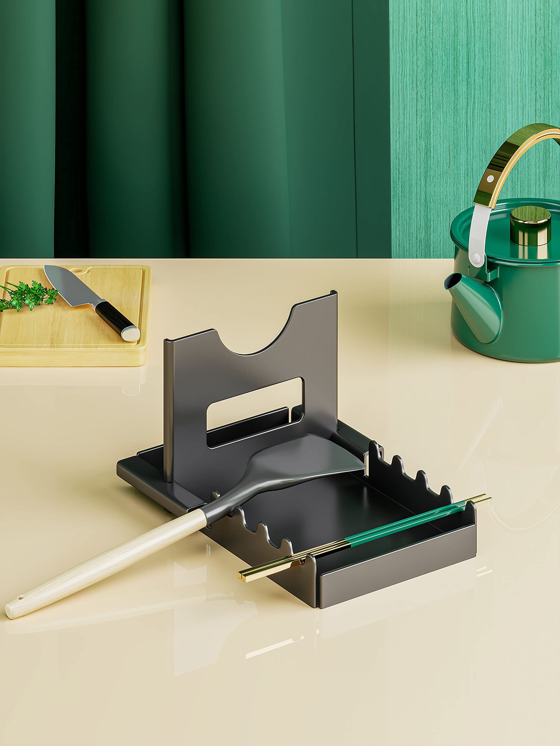 Dr.DJ Metal Spoon Rest Pot Lids Holder Heavy Duty Pot Pan Lid Organizer Stand, Cutting Board Rack Chopping Board Organizer Stand Spoon Rest w Drip Tray Kitchen Countertop, Stainless (Black)