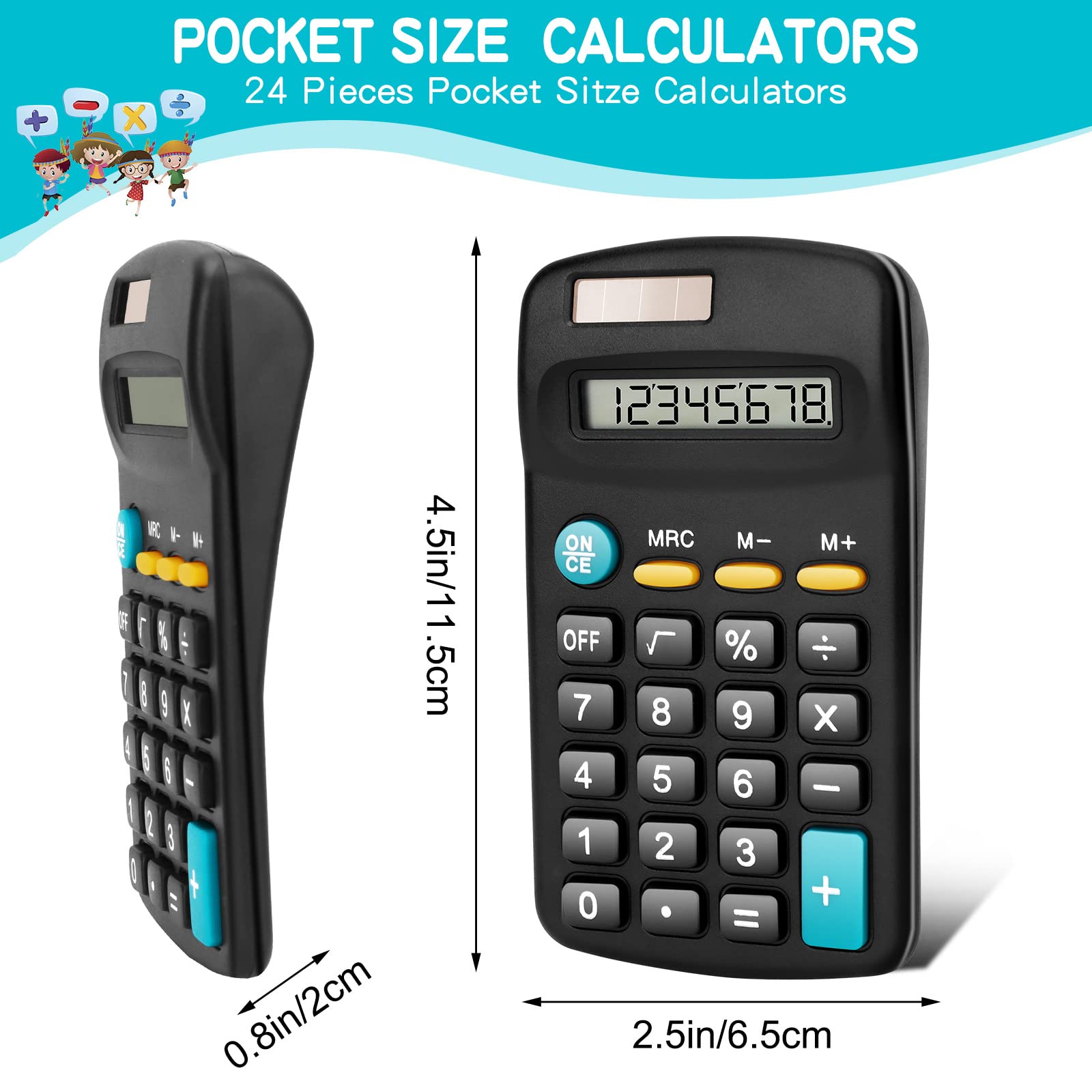 24 Pack Basic Calculators for Students Pocket Size Mini Calculators 8 Digit Display Basic Calculator Solar Battery Dual Power Handheld Calculators for Office School and Home