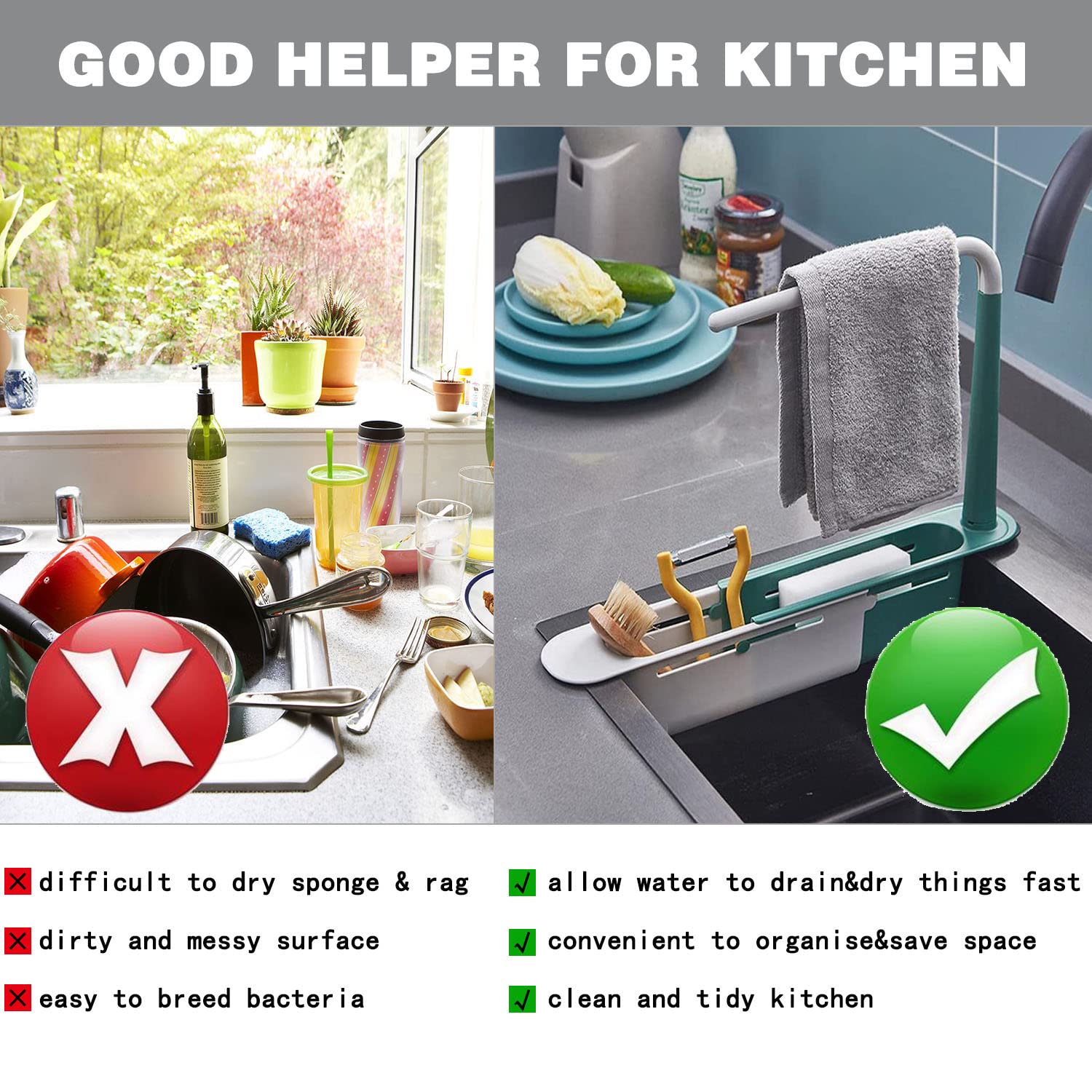 Tmnoa Telescopic Sink Storage Rack,Adjustable Length 2-in-1 Sink Storage Rack Holder Drain Rack for Kitchen Sponge and Soap Expandable Storage Drain Basket for Home Kitchen (Blue)