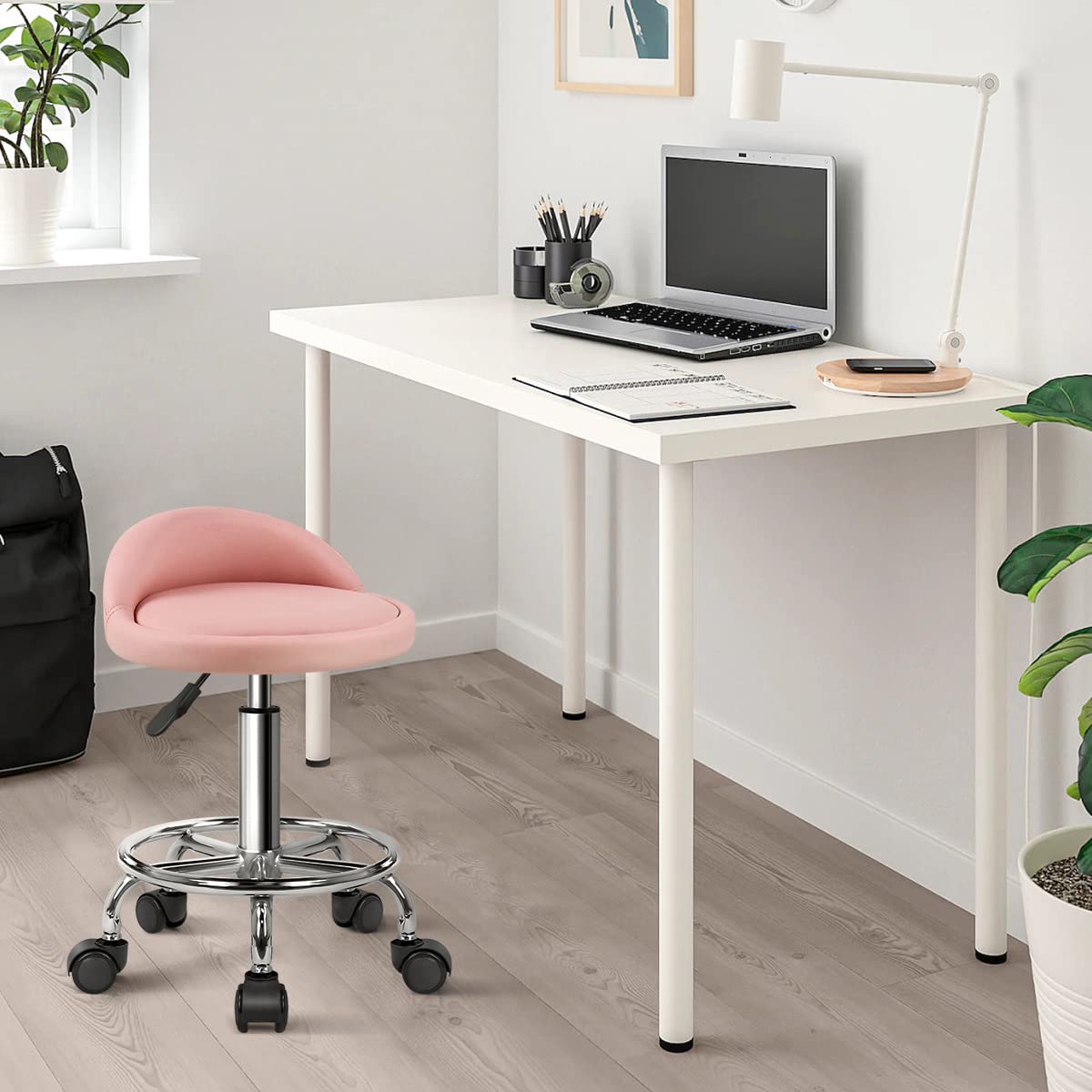 KKTONER PU Leather Round Rolling Stool with Foot Rest Height Adjustable Swivel Drafting Work SPA Task Chair with Wheels (Pink)
