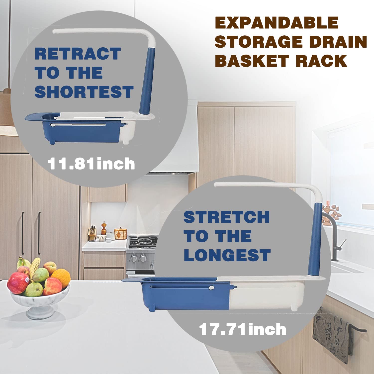 Tmnoa Telescopic Sink Storage Rack,Adjustable Length 2-in-1 Sink Storage Rack Holder Drain Rack for Kitchen Sponge and Soap Expandable Storage Drain Basket for Home Kitchen (Blue)