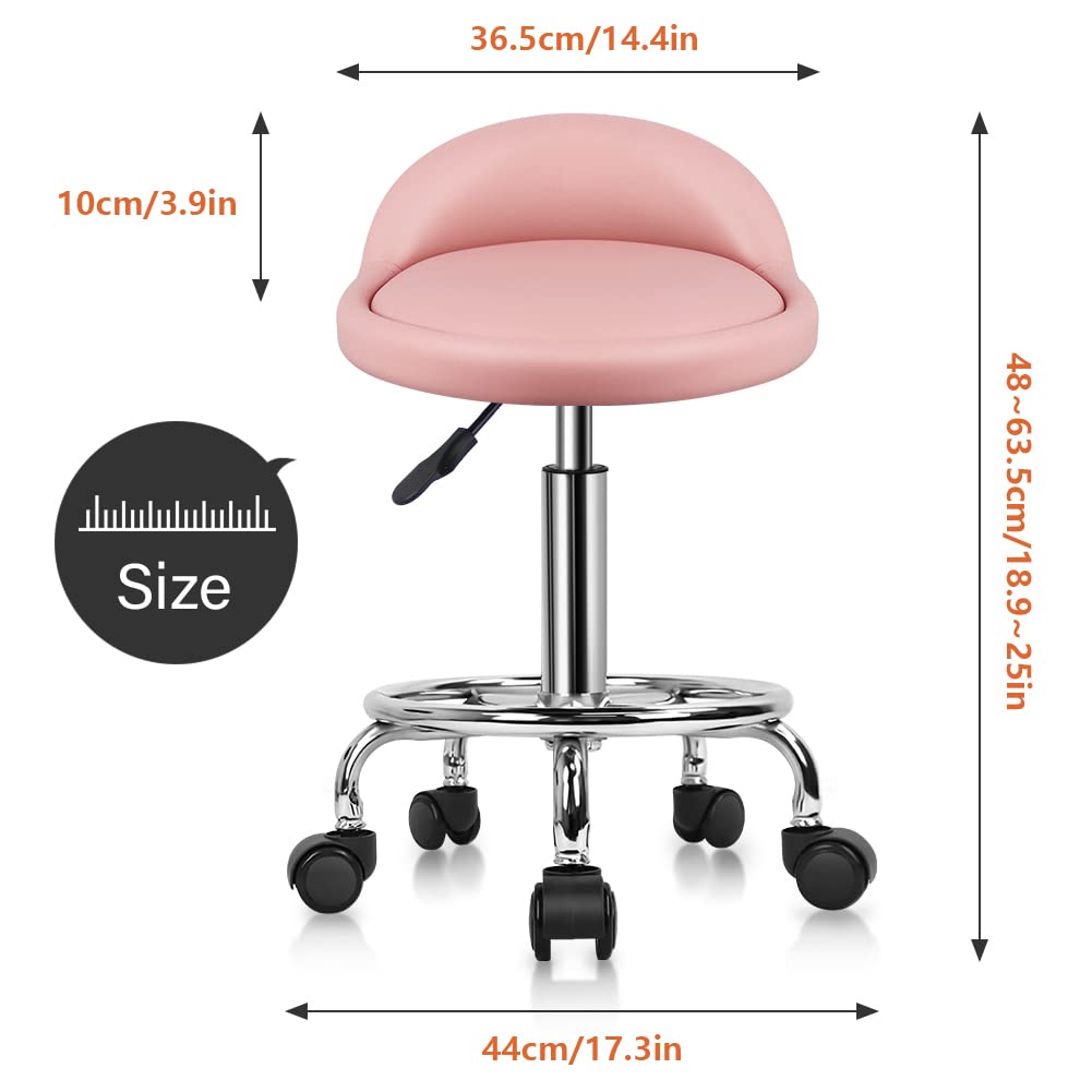 KKTONER PU Leather Round Rolling Stool with Foot Rest Height Adjustable Swivel Drafting Work SPA Task Chair with Wheels (Pink)