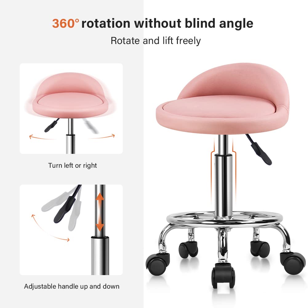 KKTONER PU Leather Round Rolling Stool with Foot Rest Height Adjustable Swivel Drafting Work SPA Task Chair with Wheels (Pink)