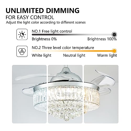 Silver Crystal Ceiling Fan with Lights and Remote,42 Inches Modern Retractable Blade Polished Chrome Ceiling Fans Light,Memory Infinite Dimmable 3 Lights Colors and 6 Speeds Air Circulation Chandelier