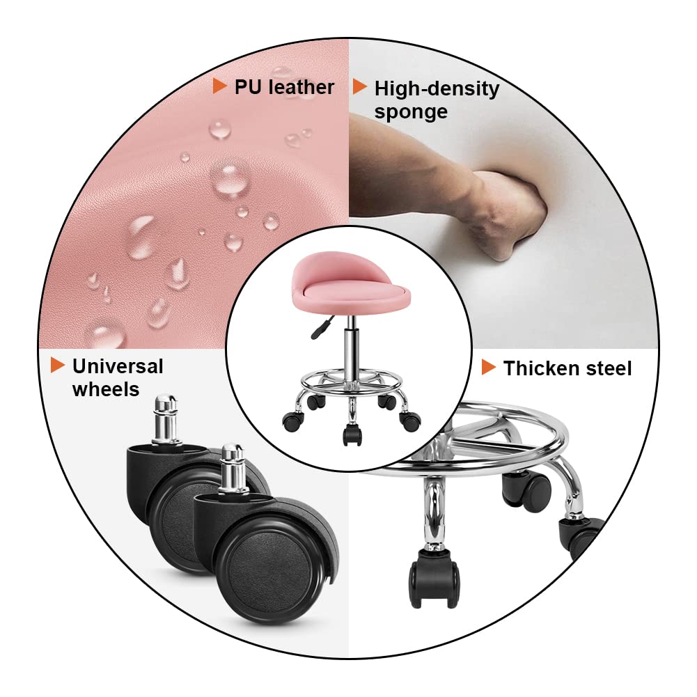 KKTONER PU Leather Round Rolling Stool with Foot Rest Height Adjustable Swivel Drafting Work SPA Task Chair with Wheels (Pink)