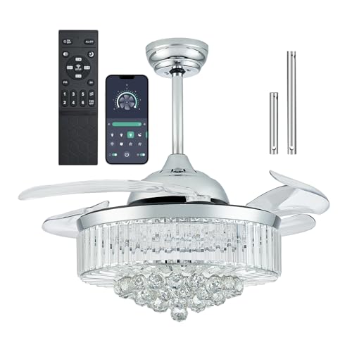 Silver Crystal Ceiling Fan with Lights and Remote,42 Inches Modern Retractable Blade Polished Chrome Ceiling Fans Light,Memory Infinite Dimmable 3 Lights Colors and 6 Speeds Air Circulation Chandelier
