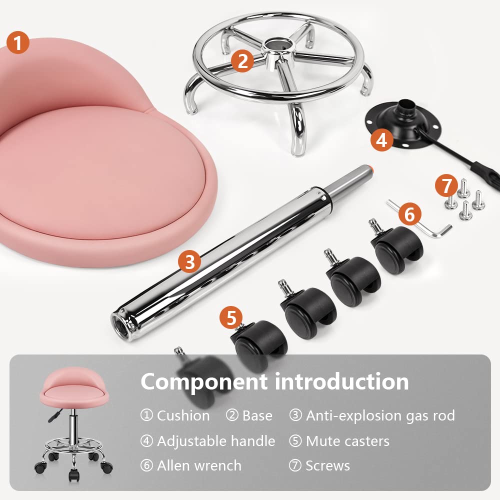 KKTONER PU Leather Round Rolling Stool with Foot Rest Height Adjustable Swivel Drafting Work SPA Task Chair with Wheels (Pink)