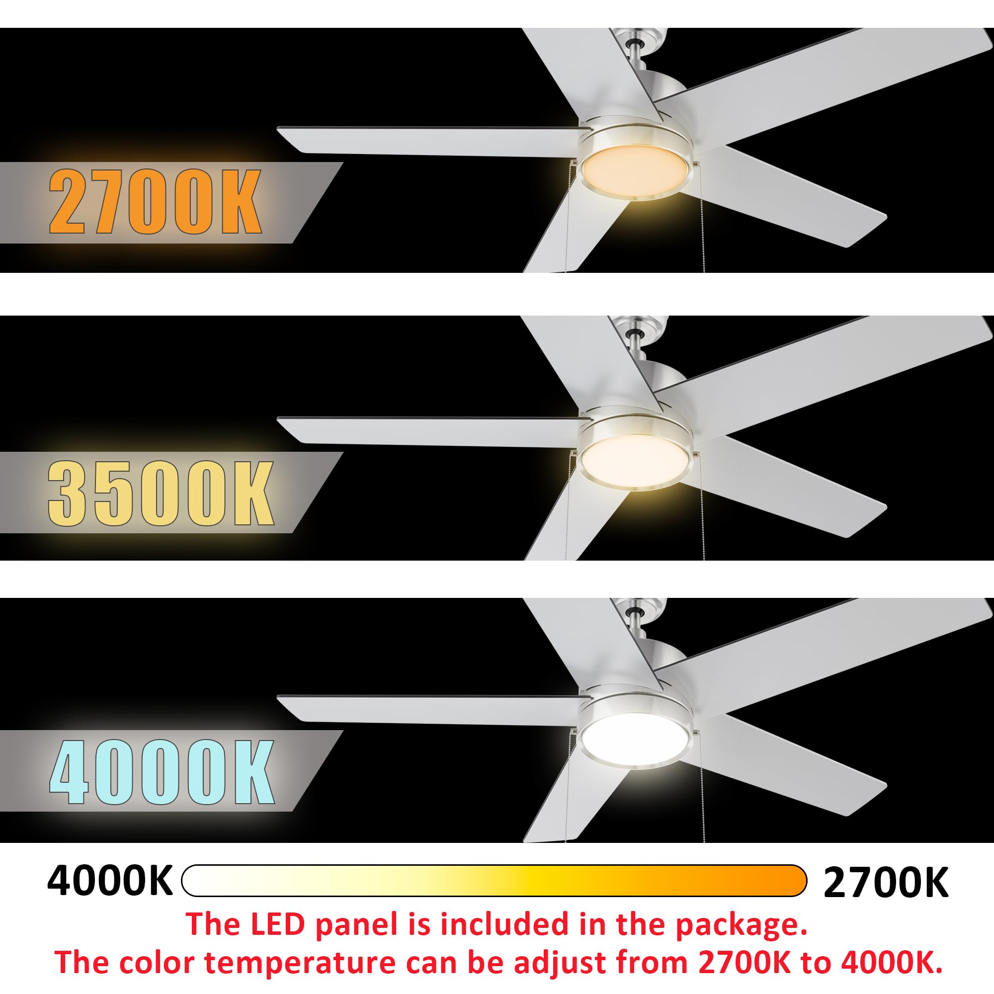 52” Ceiling Fans with Lights, 5 Speeds Reversible DC Modern Ceiling Fan with Pull Chain, 3 Light Colors Dimmable Outdoor Ceiling Fan, Sliver