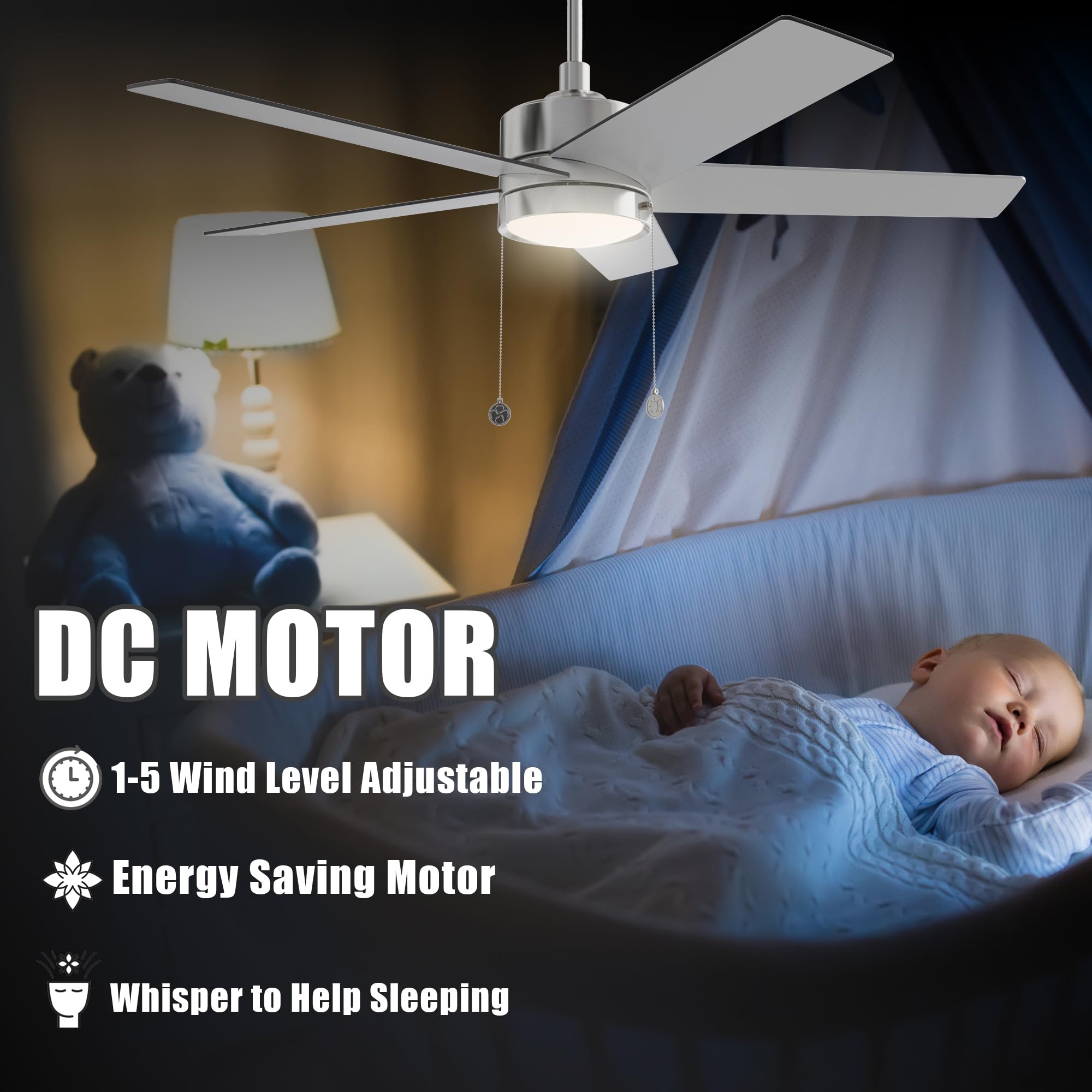 52” Ceiling Fans with Lights, 5 Speeds Reversible DC Modern Ceiling Fan with Pull Chain, 3 Light Colors Dimmable Outdoor Ceiling Fan, Sliver