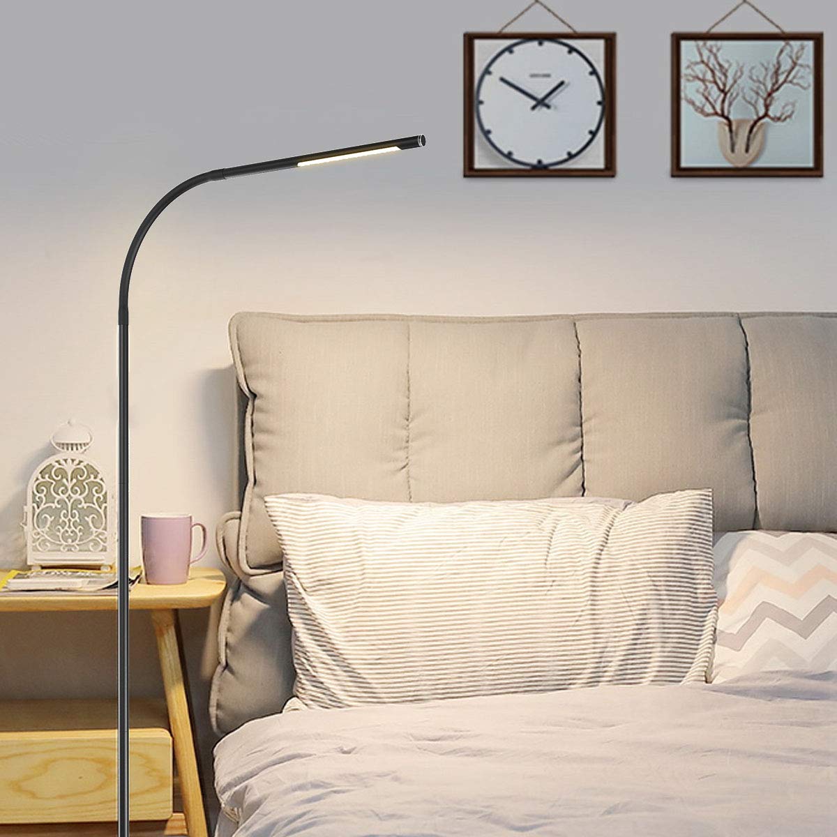 JOLY JOY LED Modern Floor Lamps, Flexible Gooseneck Standing Reading Light W/Stable Base, 4 Color & 5 Brightness Dimmer, Touch & Remote Control, for Living Room, Chair, Couch, Office Task (Black)