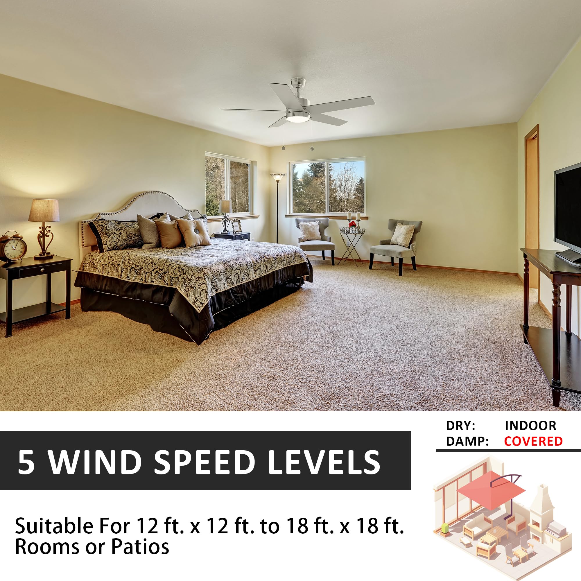 52” Ceiling Fans with Lights, 5 Speeds Reversible DC Modern Ceiling Fan with Pull Chain, 3 Light Colors Dimmable Outdoor Ceiling Fan, Sliver