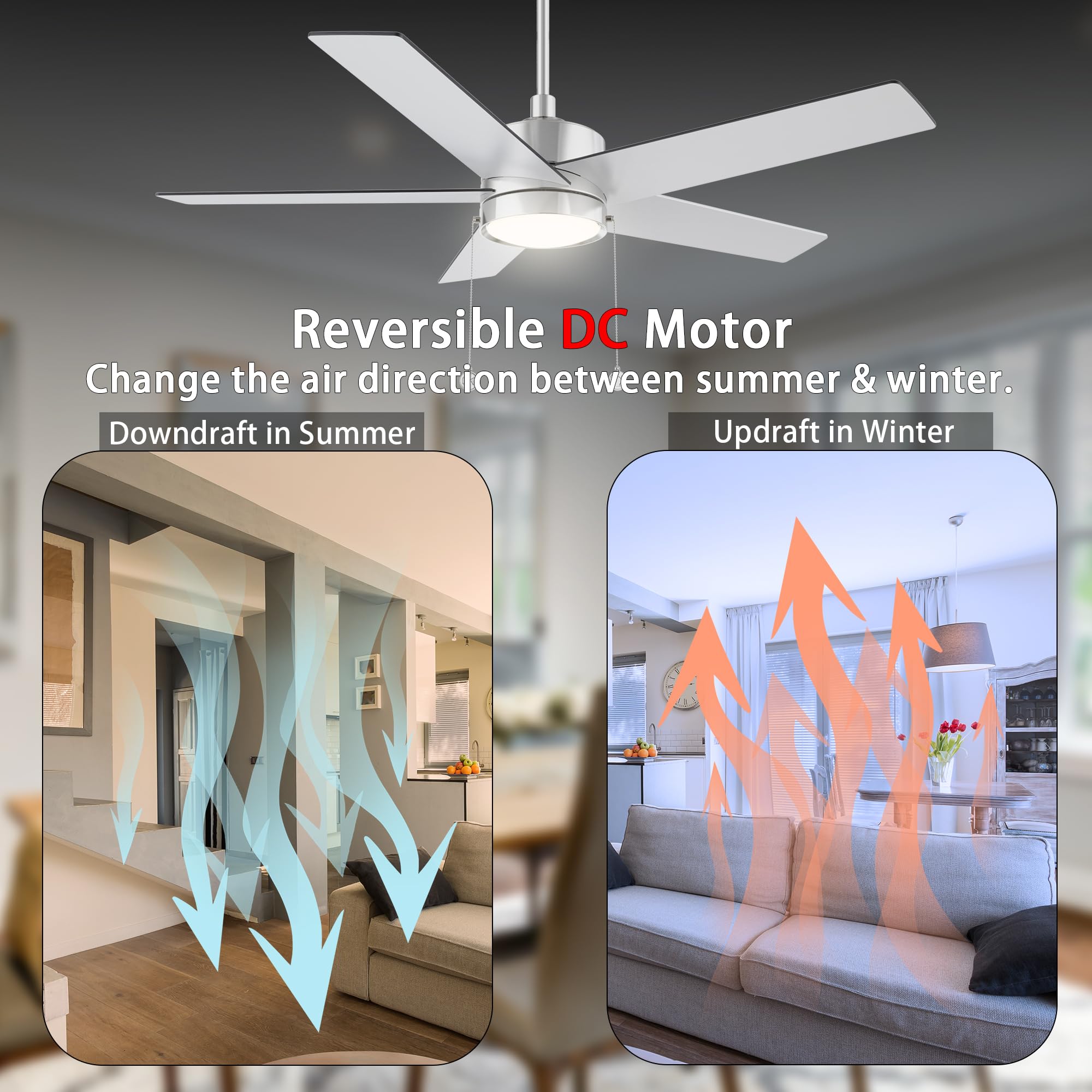 52” Ceiling Fans with Lights, 5 Speeds Reversible DC Modern Ceiling Fan with Pull Chain, 3 Light Colors Dimmable Outdoor Ceiling Fan, Sliver