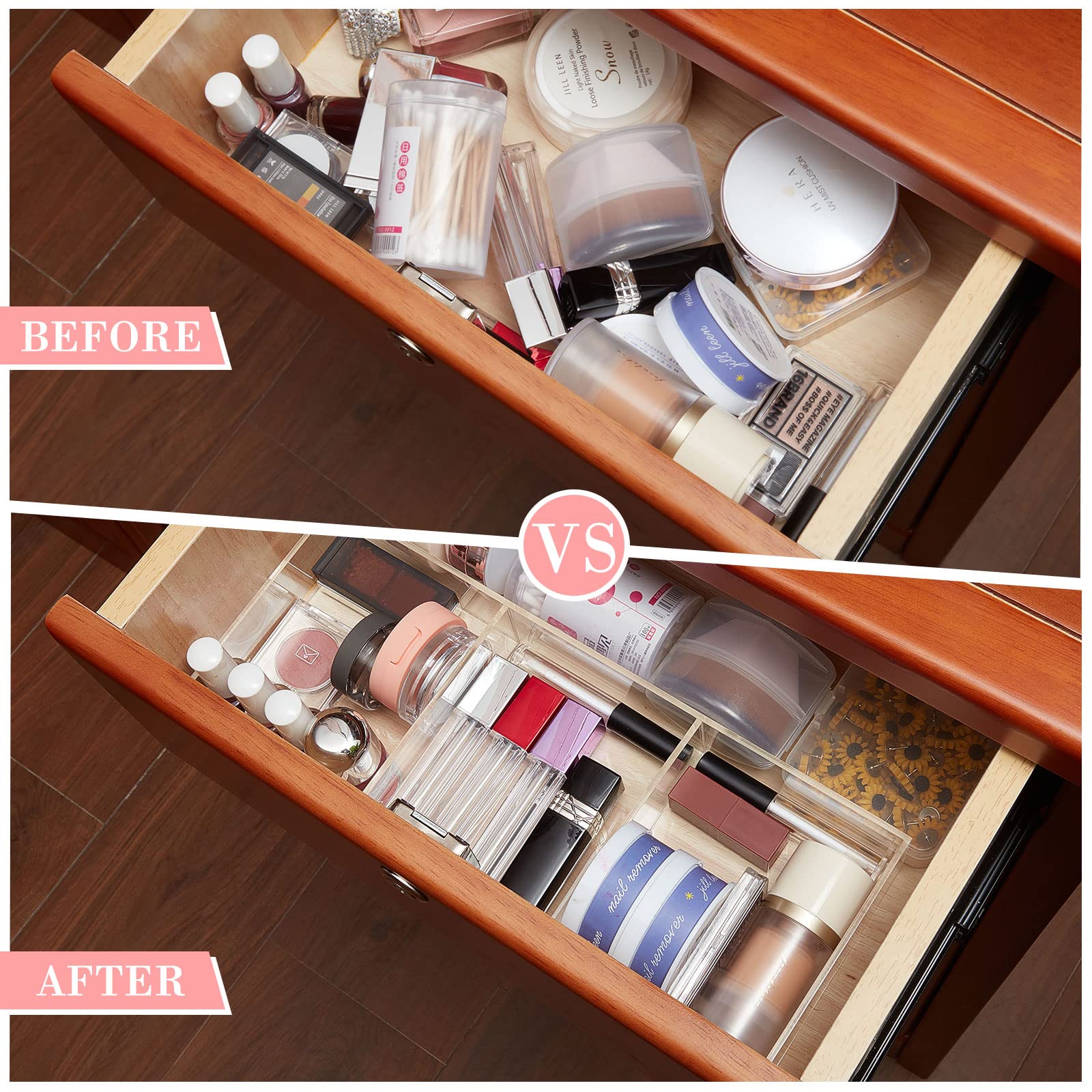 Juexica 2 Pcs Desk Drawer Organizer 3 Section Clear Acrylic Makeup Drawer Organizer Tray with Divided Inserts Trays Sectioned Organizer Bins Tray Drawers Storage for Bathroom Kitchen Office