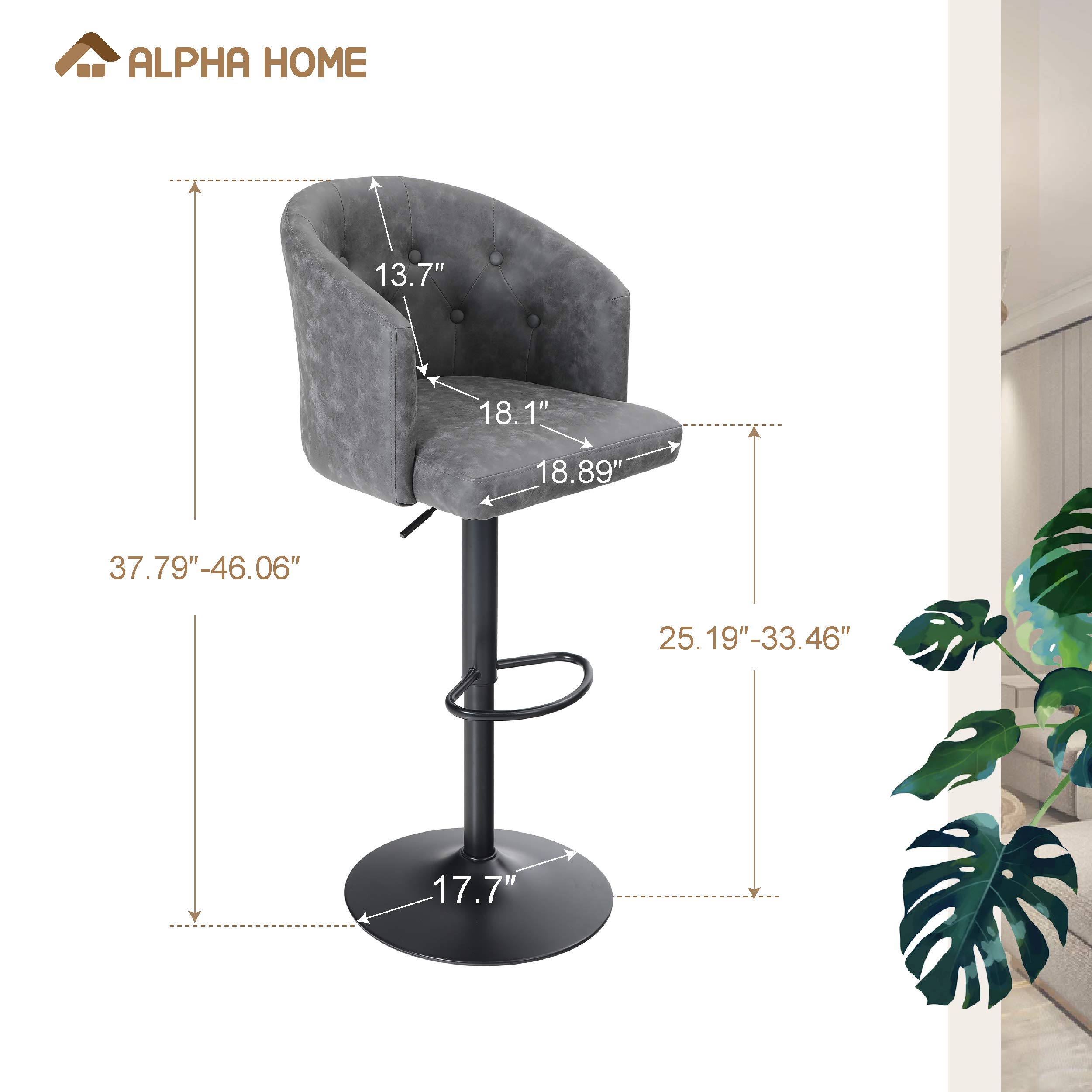ALPHA HOME Swivel Bar Stool Adjustable Airlift Counter Height Bar Stool Kitchen Dining Cafe Hydraulic PU Leather Bar Chair with Padded Back and Chromed Metal Base, Grey.1PC