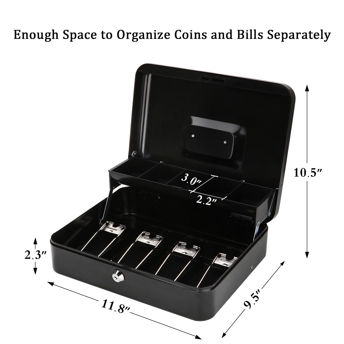 Jssmst Large Cash Box with Lock - 2017 New Metal Money Box 100% Safe, 11.8L x 9.5W x 3.5H Inches, Black, SM-CB0501L