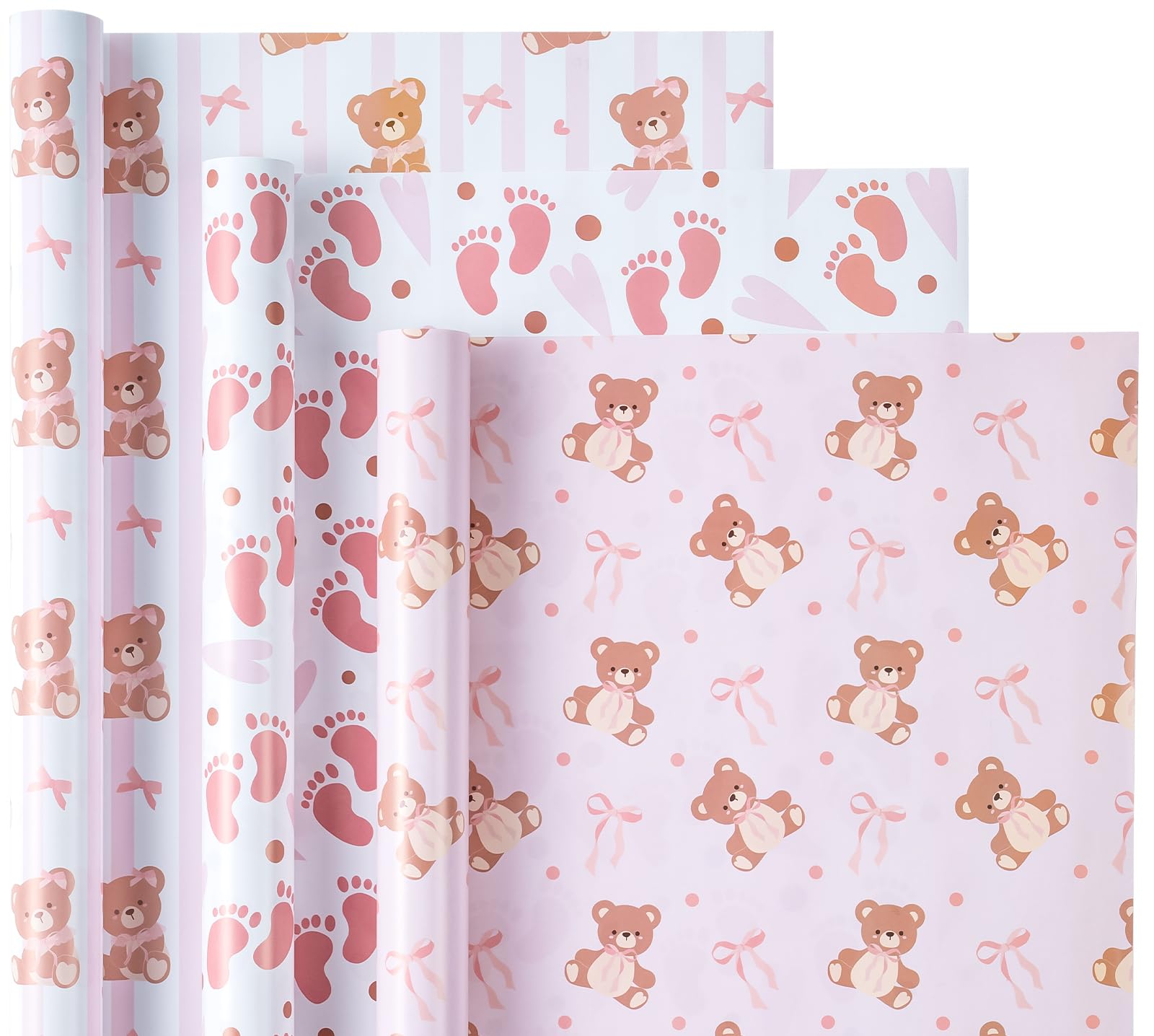 WRAPAHOLIC Baby Shower Wrapping Paper Roll - Mini Roll - 3 Rolls - 17 Inch X 120 Inch Per Roll - Butterfly Girl, Little Bear, Moon, Stripe Design for Kids