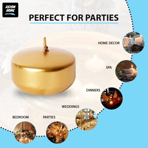 Axiom - Pack of 24 Floating Candles, 4 Hours Burning Time - Dripless Floating Candles for Valentine's Day - 100% Pure and Natural Hand-Rolled Wax Candles for Parties - Metallic Golden (Unscented)