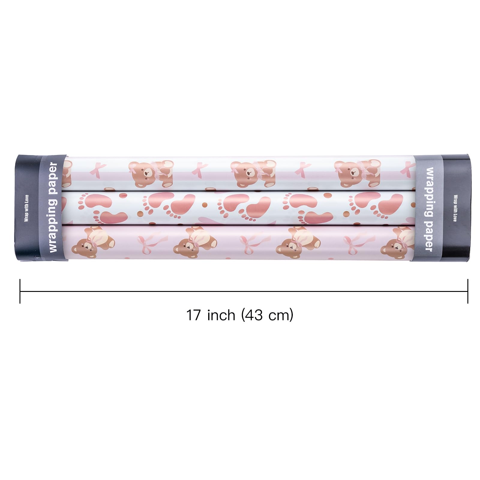 WRAPAHOLIC Baby Shower Wrapping Paper Roll - Mini Roll - 3 Rolls - 17 Inch X 120 Inch Per Roll - Butterfly Girl, Little Bear, Moon, Stripe Design for Kids
