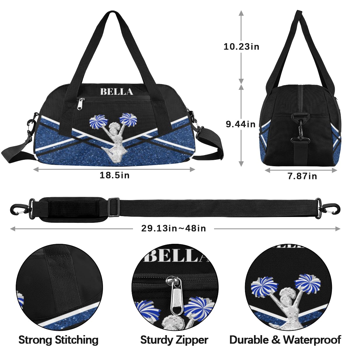 RIRIX Personalized Kids Gym Bag, Custom Sport Duffel Blue Glitter Cheer