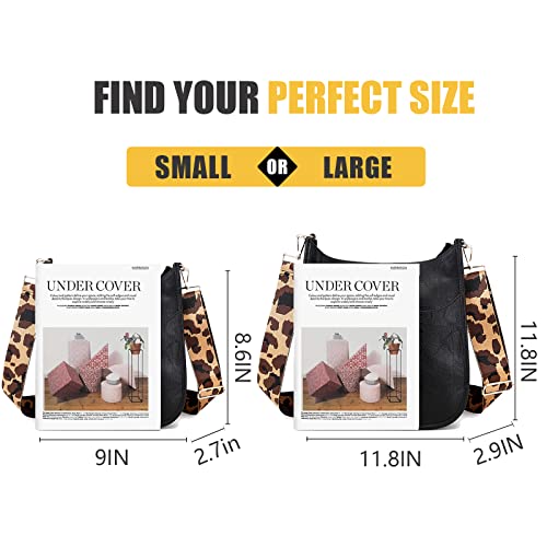 NOL Natural Organic Lifestyle Women Crossbody Handbag Retro Vegan Leather Messenger Bag with Romovable Leopard Shoulder Strap (Black Medium)
