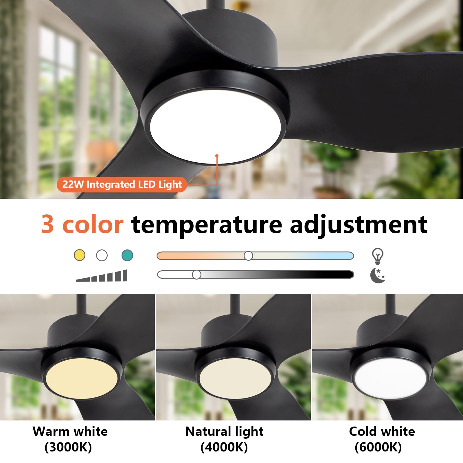 REVOICI Black Ceiling Fan with Light Remote 52in 6Speed Silent Reversible Motor 3CCT Dimmable LED Adjustable Height Timer Memory Function Modern ABS Blades Vacation Mode flush Mount Indoor Outdoor Use