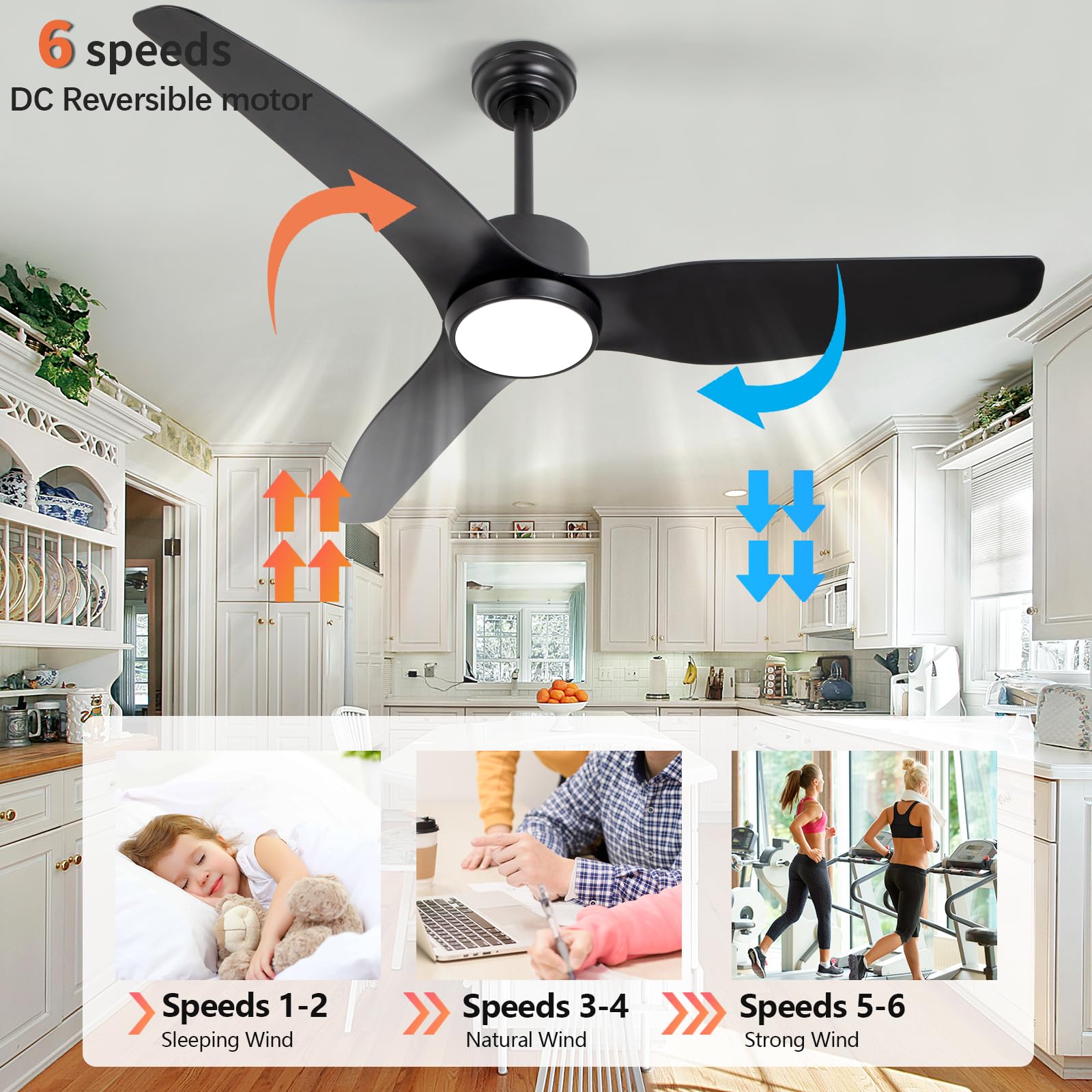 REVOICI Black Ceiling Fan with Light Remote 52in 6Speed Silent Reversible Motor 3CCT Dimmable LED Adjustable Height Timer Memory Function Modern ABS Blades Vacation Mode flush Mount Indoor Outdoor Use