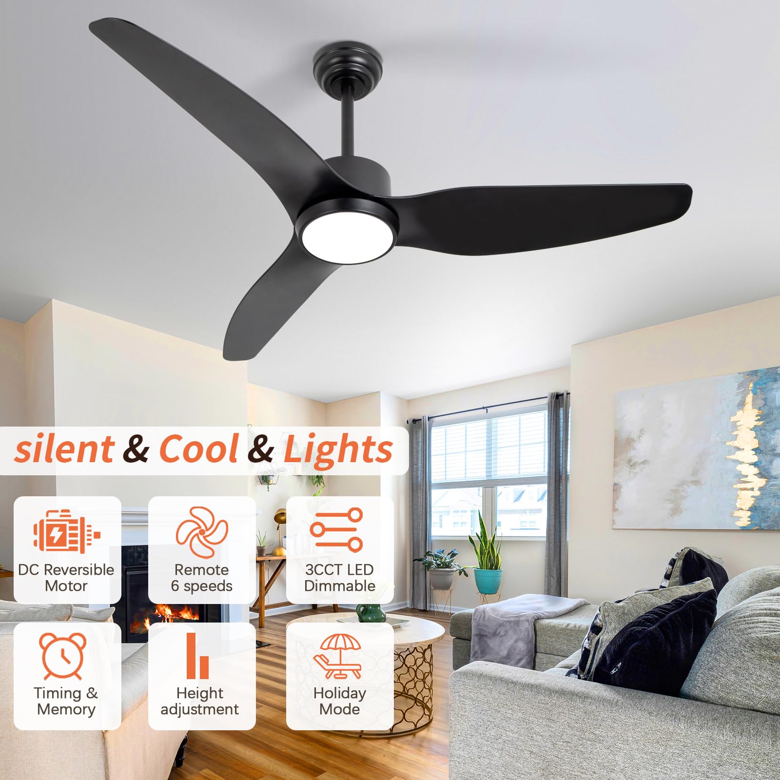 REVOICI Black Ceiling Fan with Light Remote 52in 6Speed Silent Reversible Motor 3CCT Dimmable LED Adjustable Height Timer Memory Function Modern ABS Blades Vacation Mode flush Mount Indoor Outdoor Use