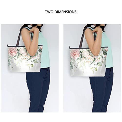 Bolaz Tote Bag with Zipper Women Pink & White Rose Flower Floral Handbags Pockets Shoulder Bag Work Large Office