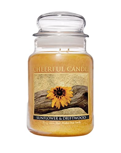 A Cheerful Giver - Sunflower & Driftwood - 24oz Large Scented Candle Jar with Lid - Cheerful Candle - 135 Hours, Candles Gifts for Women, Yellow