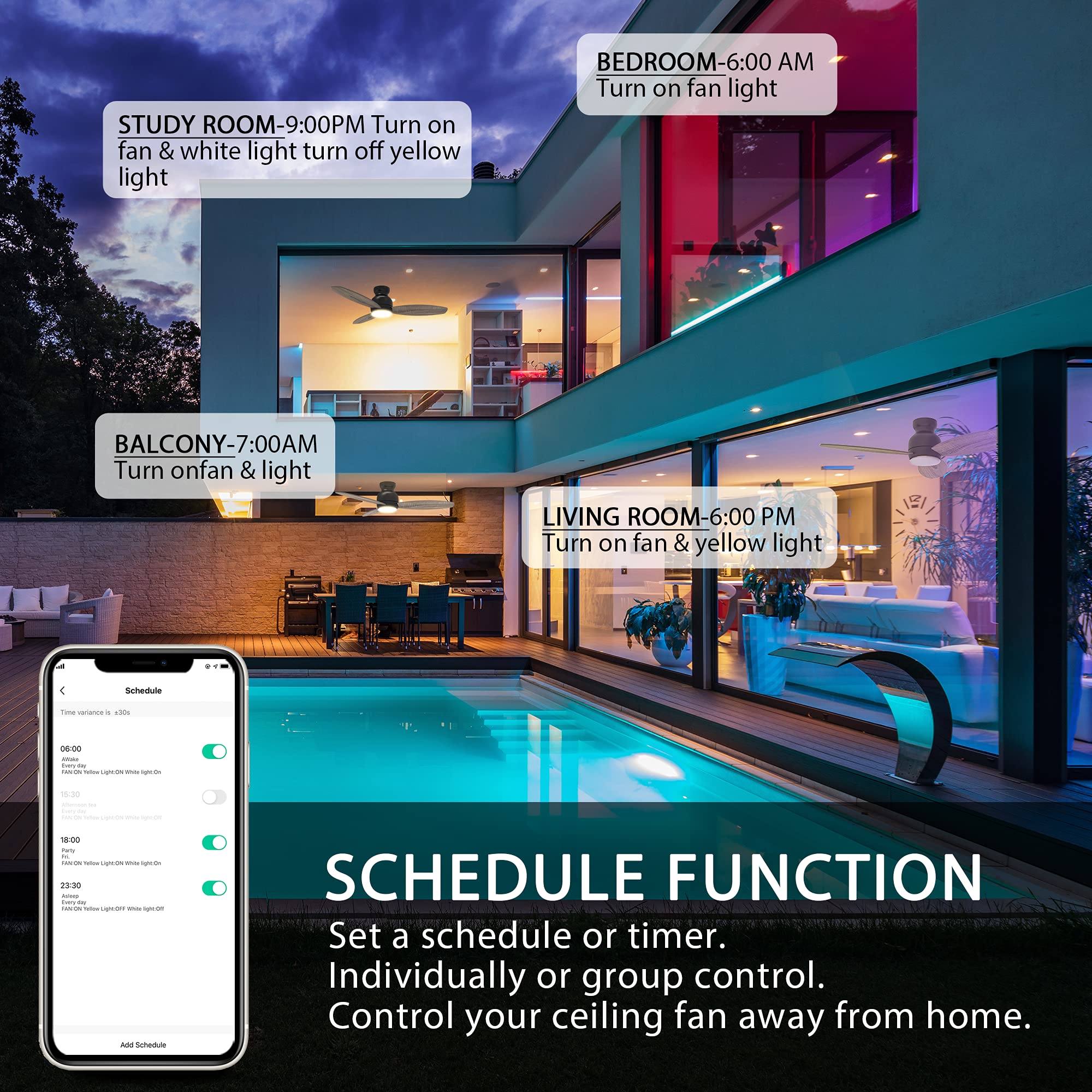 CEME 52" Black Smart Flush Mount Ceiling Fan with Lights, 10 Speeds, 3 Dimmable Light Colors, Alexa & Siri Compatible