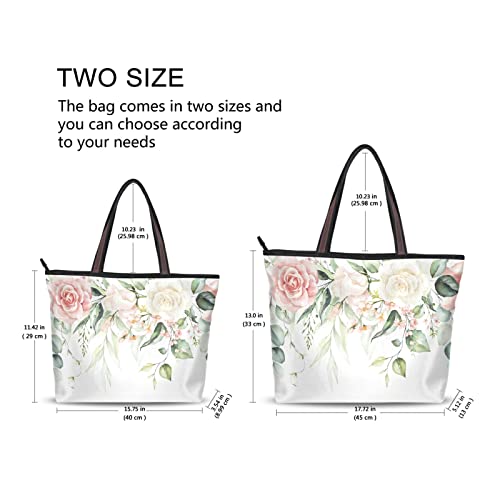 Bolaz Tote Bag with Zipper Women Pink & White Rose Flower Floral Handbags Pockets Shoulder Bag Work Large Office
