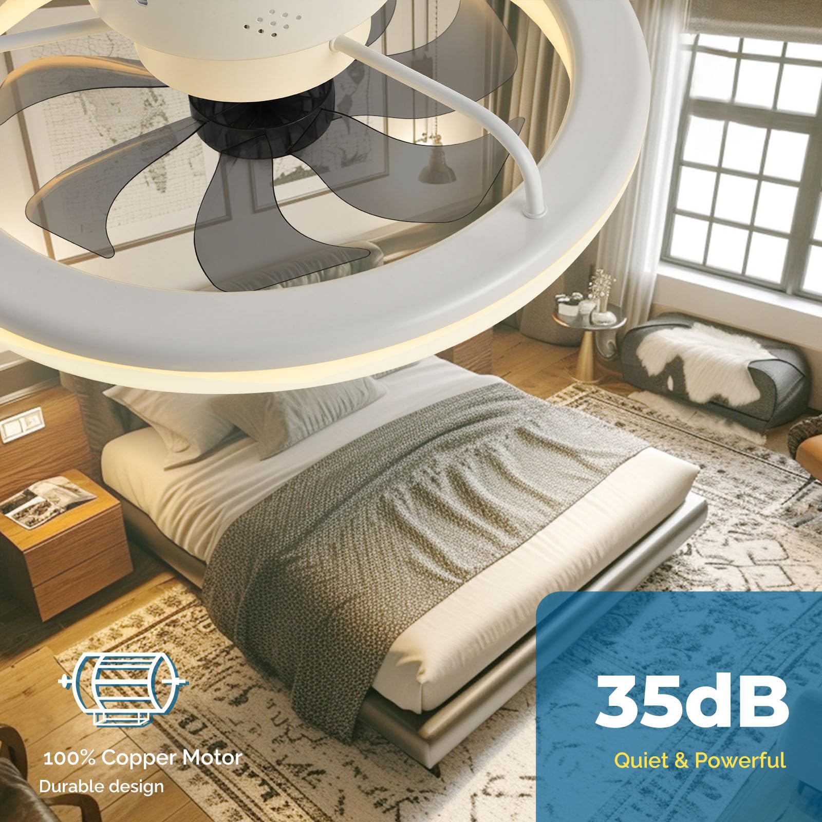 Orison Smart Ceiling Fans with Lights, 20'' Low Profile Ceiling Fan with Remote and App Control, Flush Mount Ceiling Fan with Voice Control, Compatible with Alexa & Google Home (White)