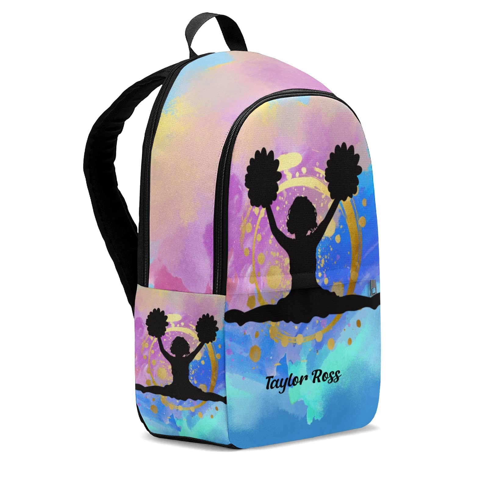 Urcustom Personalized Name Cheerleader Girl Rainbow Watercolor Backpack Unisex Bookbag for Boy Girl Travel Daypack Bag Purse 17.7 IN