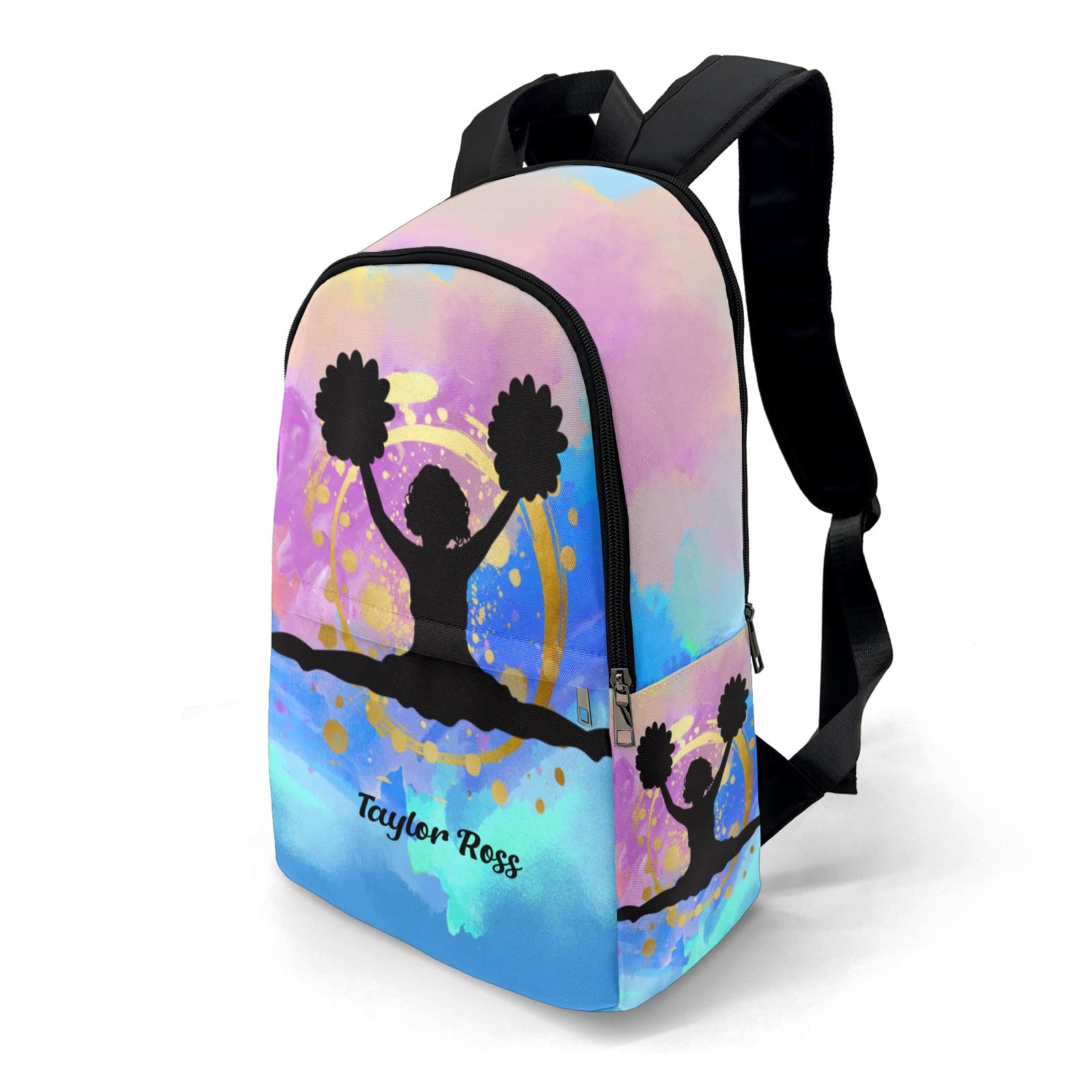 Urcustom Personalized Name Cheerleader Girl Rainbow Watercolor Backpack Unisex Bookbag for Boy Girl Travel Daypack Bag Purse 17.7 IN