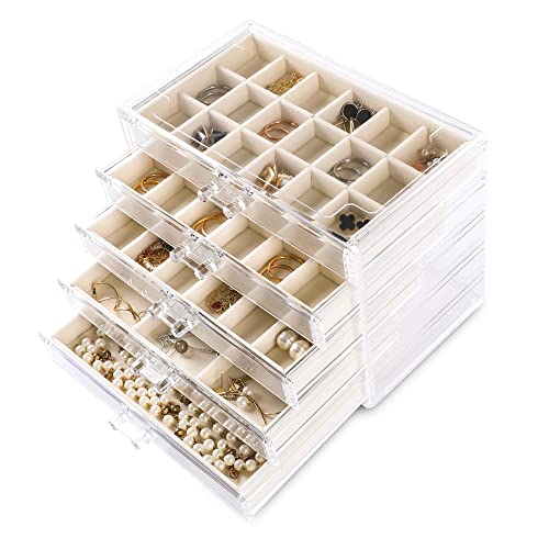 Frebeauty Acrylic Jewelry Organizer,Earring Organizer Box with 5 Drawers Clear Jewelry Box with Velvet Trays for Women,Stackable Earring Display Holder for Rings Studs and Bracelets(Beige)