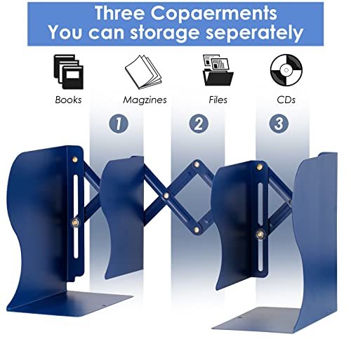 Hossejoy Adjustable Bookends, Heavy Duty Metal Book Ends, Expandable Bookcase Book Holder Stand Shelf Rack for Student Office Book File Organizer Storage, Extends up to 19 inches (Blue)