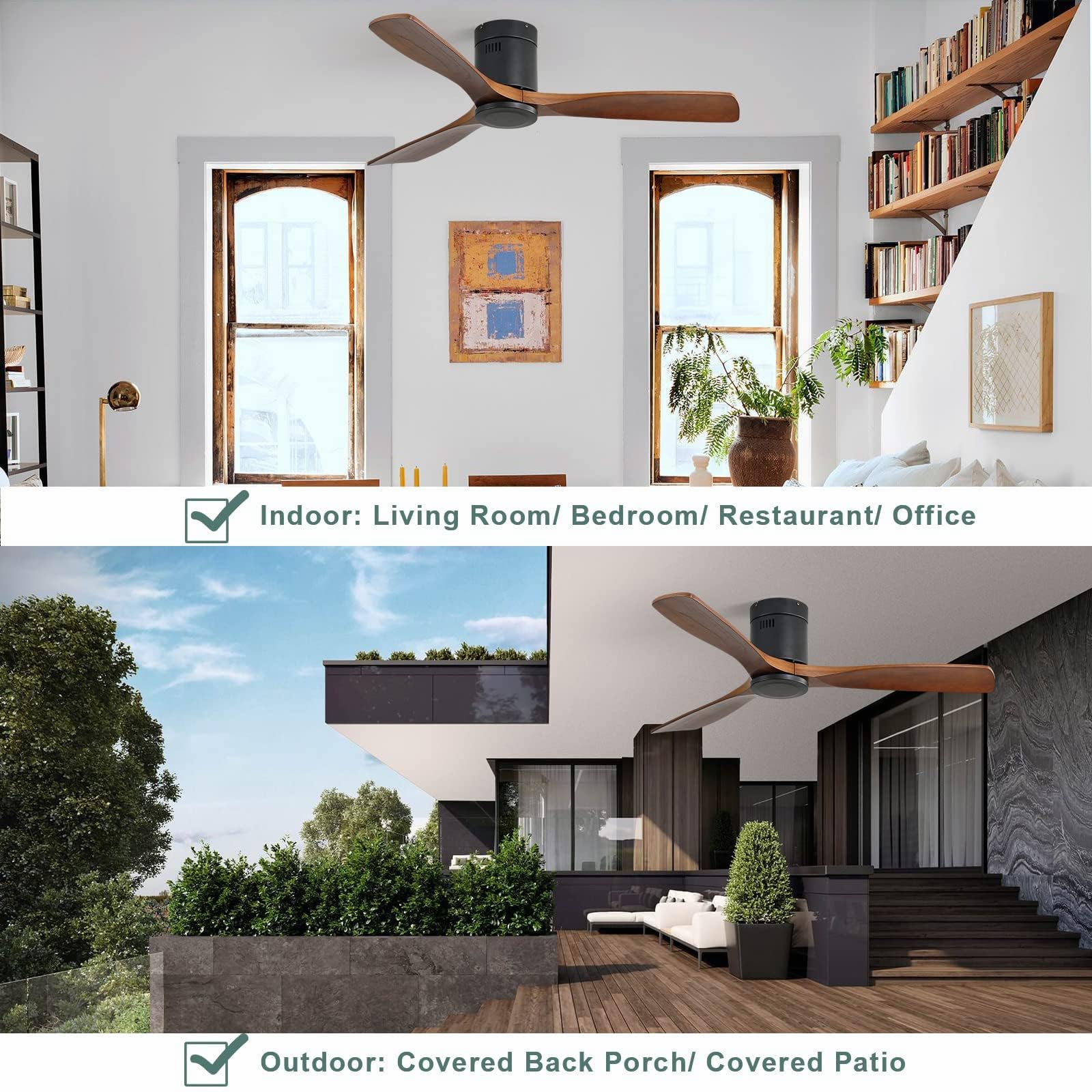 CACI Mall 52 Inch Ceiling Fan with Remote Control, Low Profile Flush Mount Ceiling Fan without Light, 3 Walnut Wood Ceiling Fan No Light, Noiseless Reversible ETL DC Motor with Timer