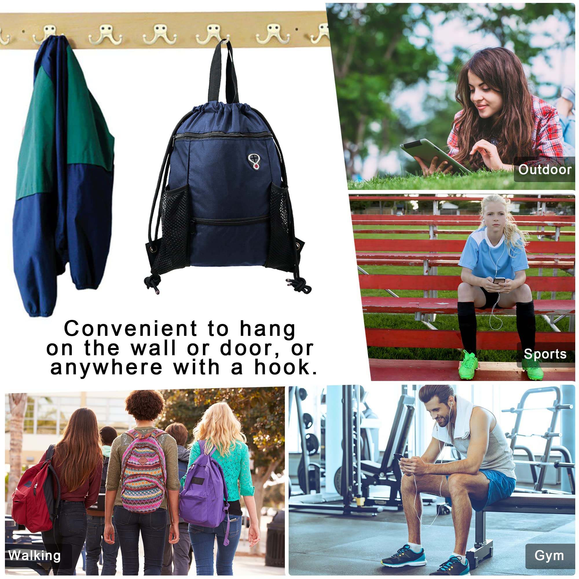 BeeGreen Navy Blue Drawstring Backpack Bag Cinch Sack Backpack with Zipper Pockets and Mesh Water Bottle Holders Beach Backpack Large 18" L x 15" W Gym Sprots Swim Bag