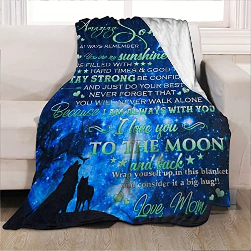 tiosggd Son Gift Blanket from Mom, Fleece Flannel Plush Super Soft Throw Blanket, Always Remember You are My Sunshine Howling Wolf Under The Moon, Bed Couch Throw Quilt 60''x50''