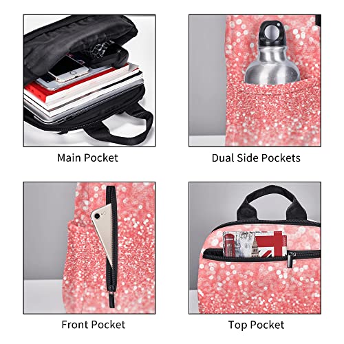 FUFUMALL 14.7 Inch Bookbag Backpack Lightweight Zipper Daypack, Pink Glitter Sparkle Cute Small Backpacks Book Bag with Pockets/Shoulder Staps for 1th- 6th Grade Girls Boys Students