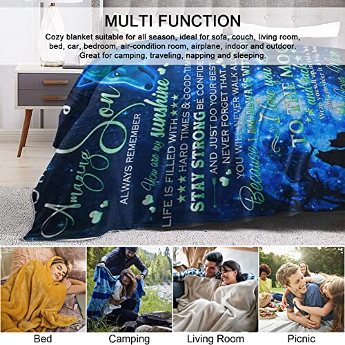 tiosggd Son Gift Blanket from Mom, Fleece Flannel Plush Super Soft Throw Blanket, Always Remember You are My Sunshine Howling Wolf Under The Moon, Bed Couch Throw Quilt 60''x50''