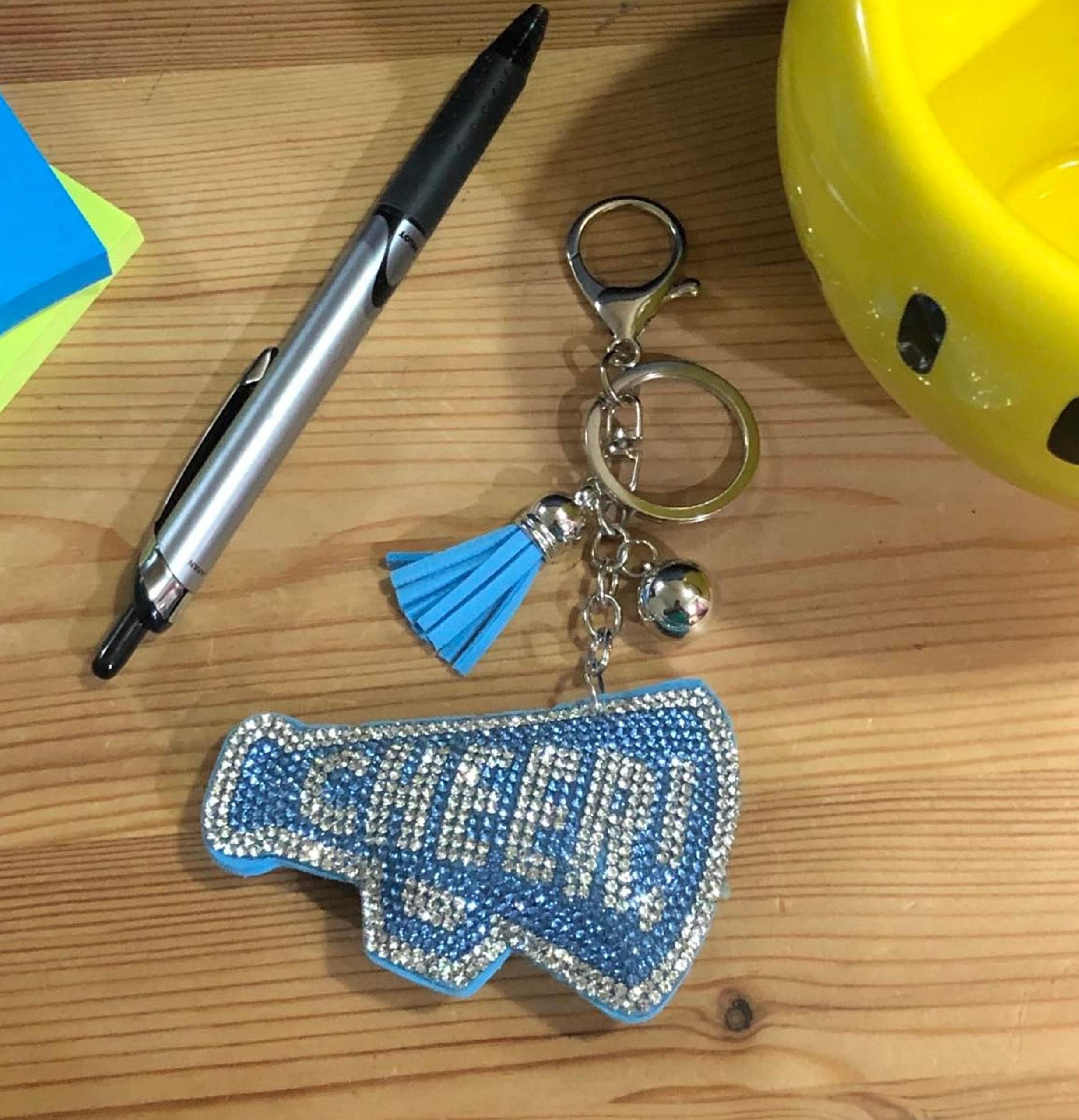 Popfizzy Rhinestone Blue Cheer Keychain for Girls, Bling Backpack Charm for Cheerleaders, Crystal Bag Charm Key Fob
