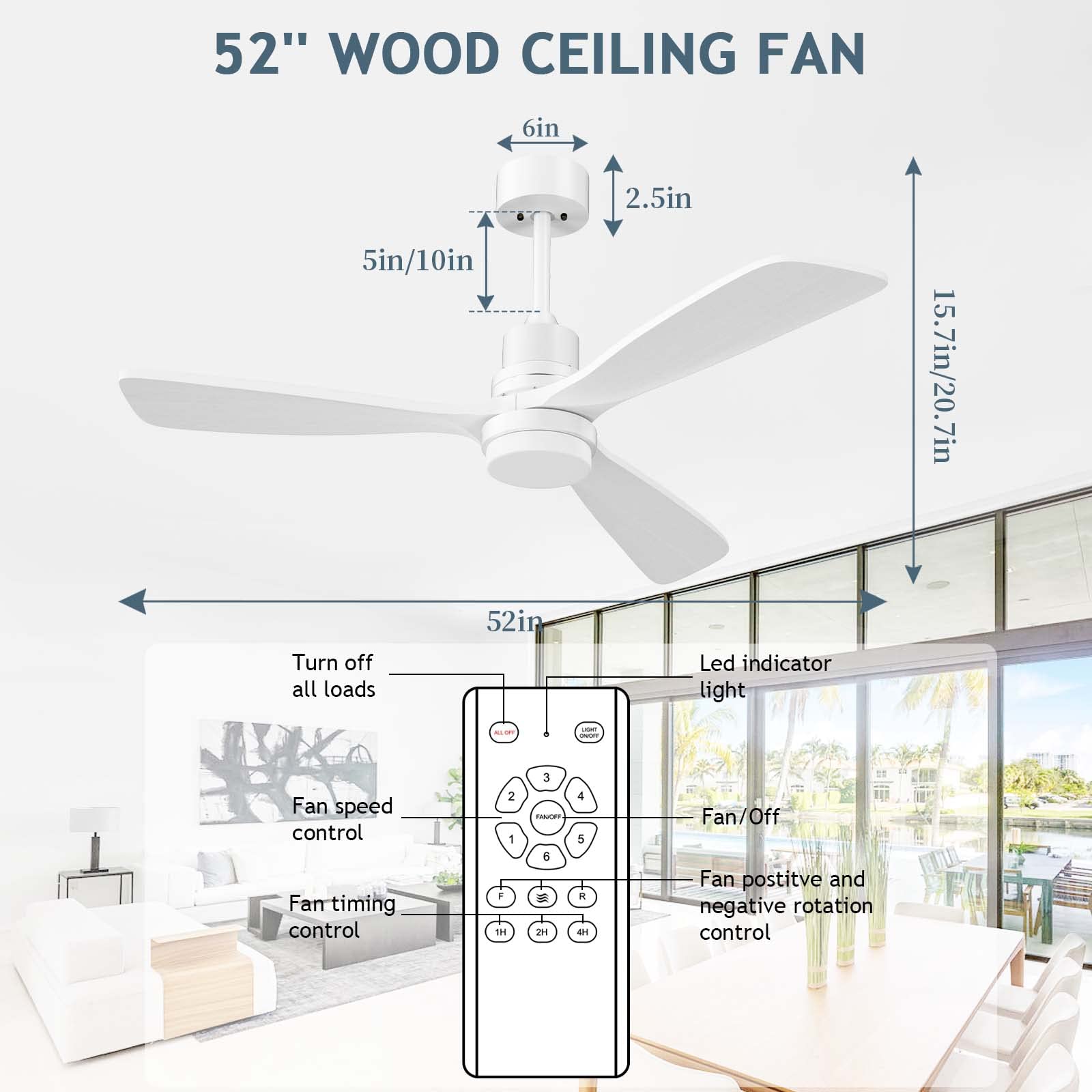 CLUGOJ 52" White Ceiling Fans with Lights Remote Control, Indoor Outdoor Wood Modern Ceiling Fan Noiseless Reversible DC Motor