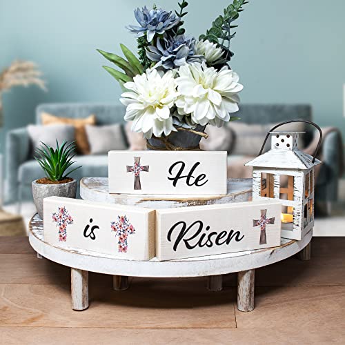 JennyGems He Is Risen Wooden Sign Set and Easter Decor, Tiered Tray and Tabletop Easter Decorations, Christian Easter, Made in USA