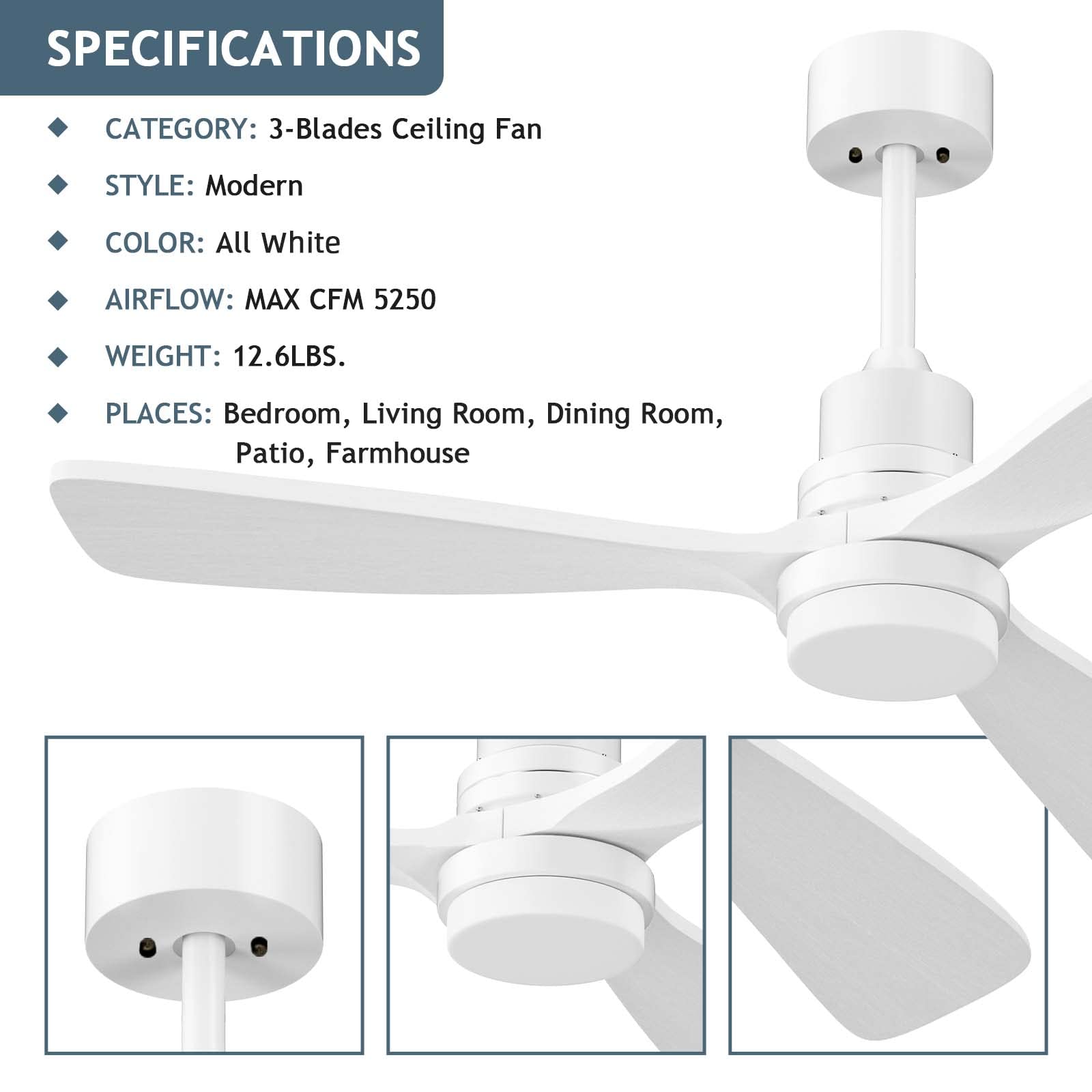 CLUGOJ 52" White Ceiling Fans with Lights Remote Control, Indoor Outdoor Wood Modern Ceiling Fan Noiseless Reversible DC Motor