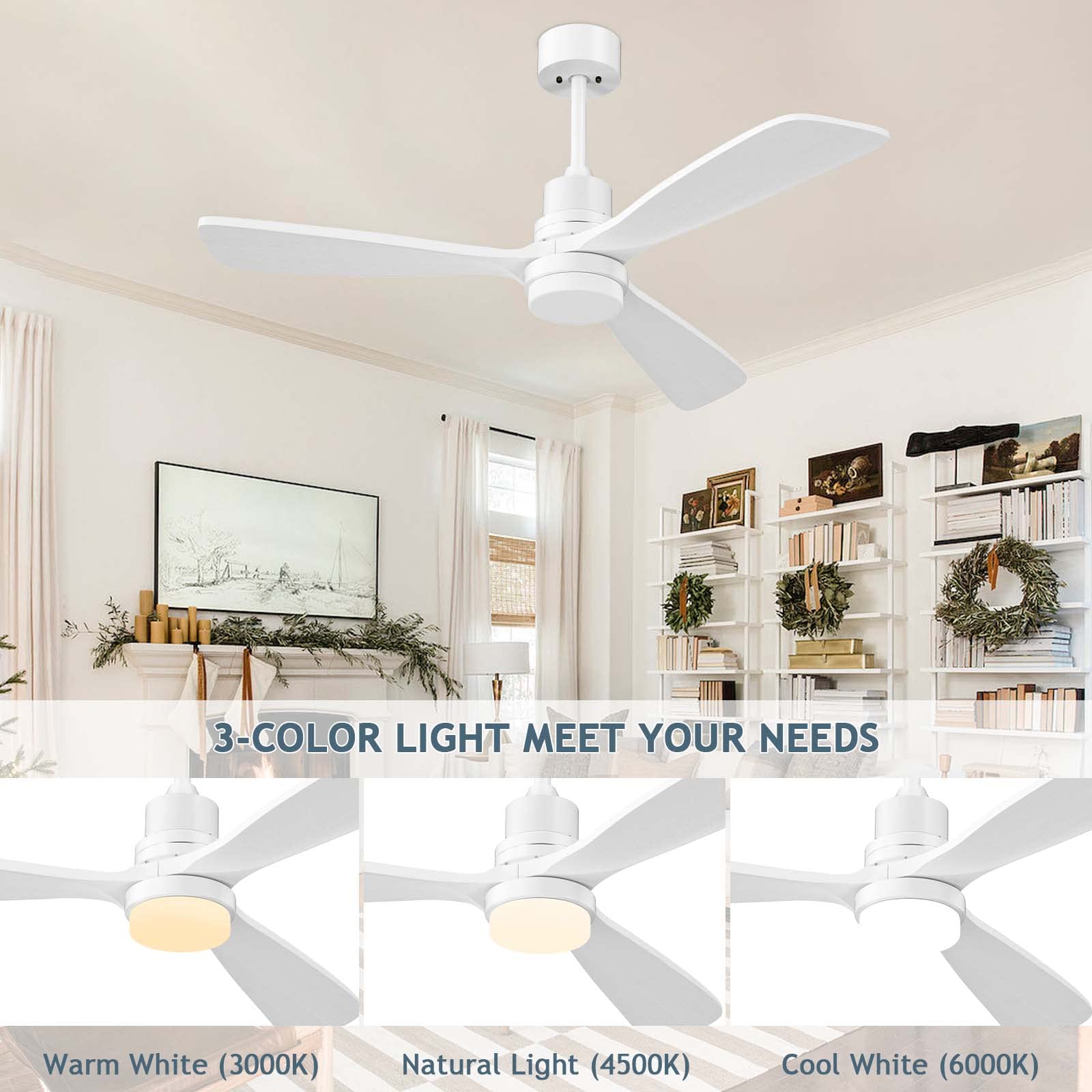 CLUGOJ 52" White Ceiling Fans with Lights Remote Control, Indoor Outdoor Wood Modern Ceiling Fan Noiseless Reversible DC Motor